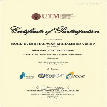 syimir sofyian's UTM INDUCTION certificate | PDF