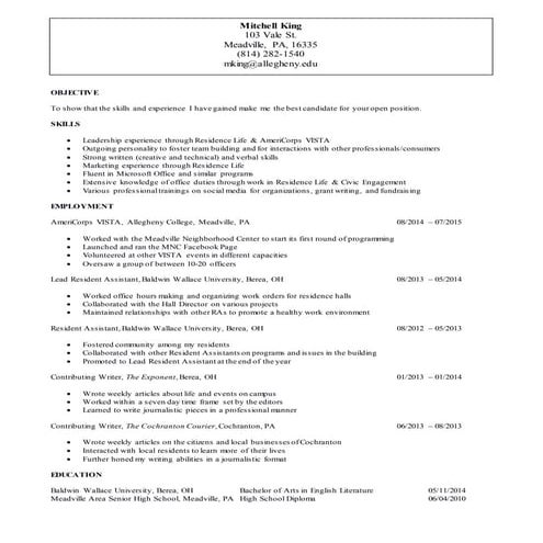Mitchell King Resume | DOCX
