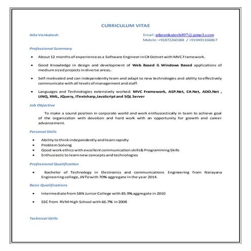 Curriculam Vitae- Venkatesh | PDF