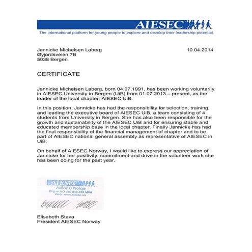 AIESEC Certificate | PDF
