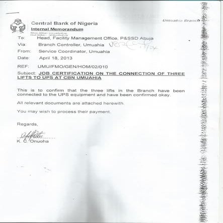 JOB CERTIFICATION ON CONNECTION OF THREE LIFTS ON UPS | PDF