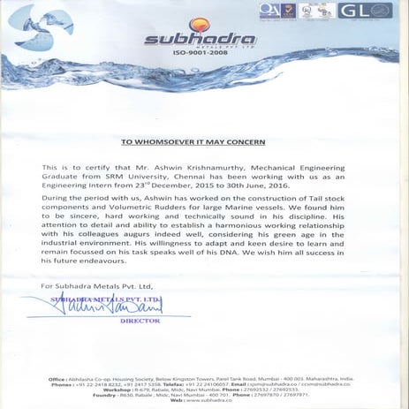 Subhadra Metals Training Certificate - ASHWIN | PDF