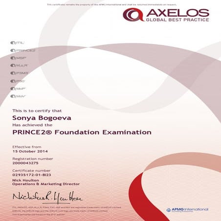 PRINCE2 Foundation Certificate | PDF