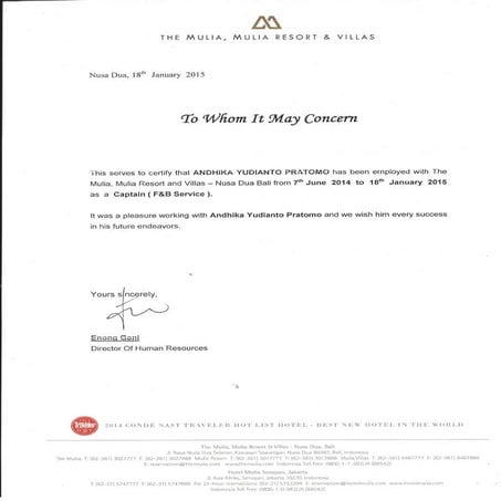 Recommendation Letter - Hotel Mulia Nusa Dua Bali | PDF | Hotels and ...