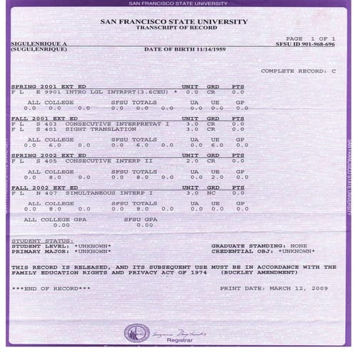 SFSU Transcript | PDF