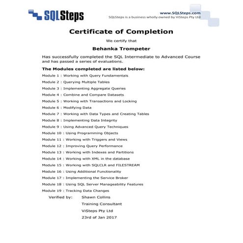 Certificate of Completion SQL Intermediate to Advanced Course Behanka Trompeter | PDF ...