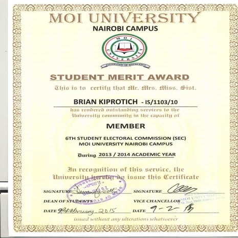 SEC Certificate MOI UNI - Brian Kiprotich Ruto | PDF