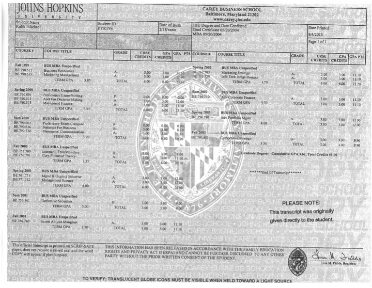 JHU Transcript