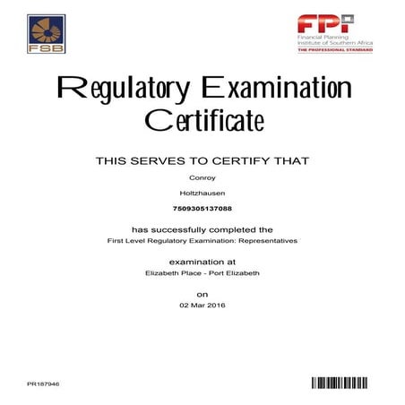 FSCA - RE1 FSP & KI CERTIFICATE