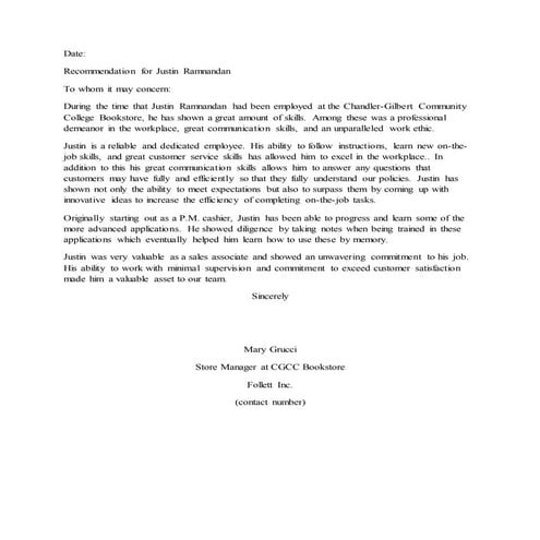 recomendation letter bookstore | DOCX