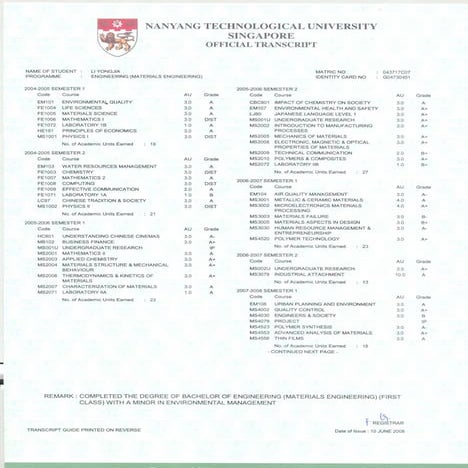 Academic Transcript of Li Yongjia | PDF