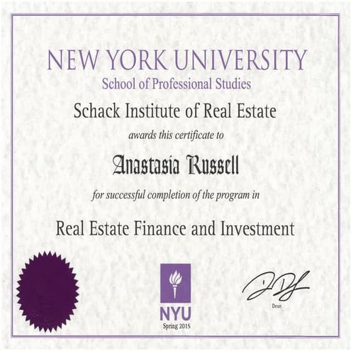 NYU cert., RE Finance and Investment | PPT