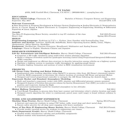 Yi Yang's resume(Fall 2015) | PDF