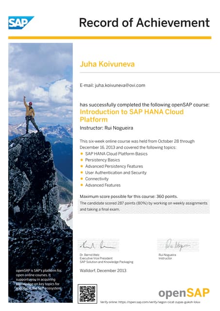 Next Steps in Software Development on SAP HANA-RecordOfAchievement | PDF