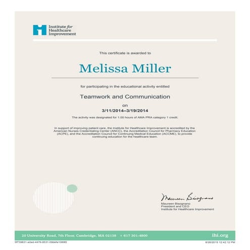 IHI Certificate - Teamwork and Communication | PDF