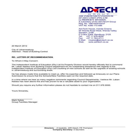 Recommendation for Laban Naidoo | DOC