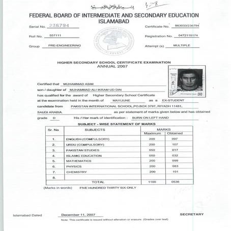 Asim's Inter Certificate | PDF