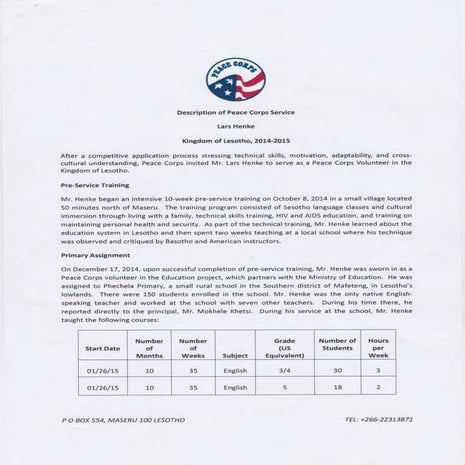 Peace Corps DOS Lars Henke 2016 | PDF