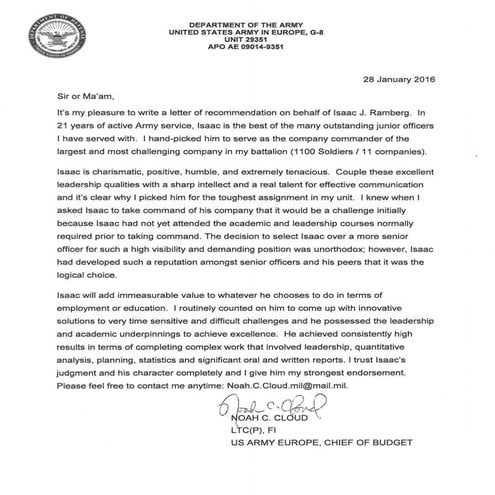 Colonel Cloud Letter of Recommendation | PDF