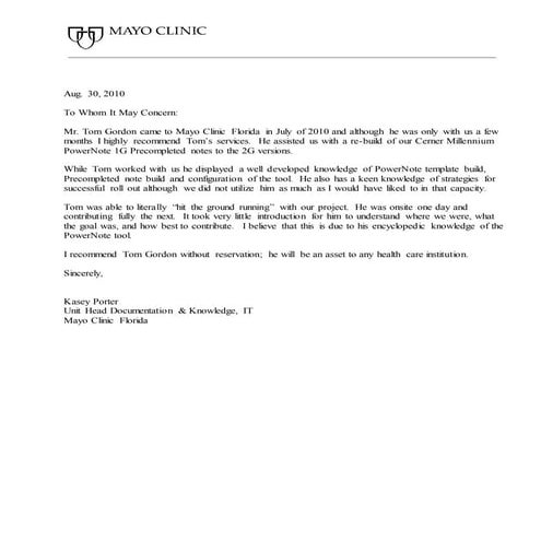 Mayo Letter of Recommendation | DOCX