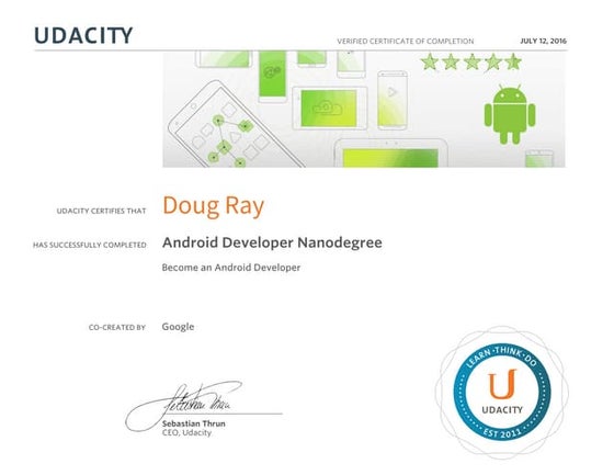 Certificate for Udacity Android Basics Nanodegree by Google | PDF