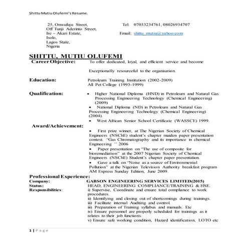 Shittu Mutiu Olufemi's Resume | PDF