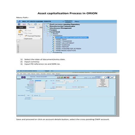 Asset capitalisation Process in orion | PDF