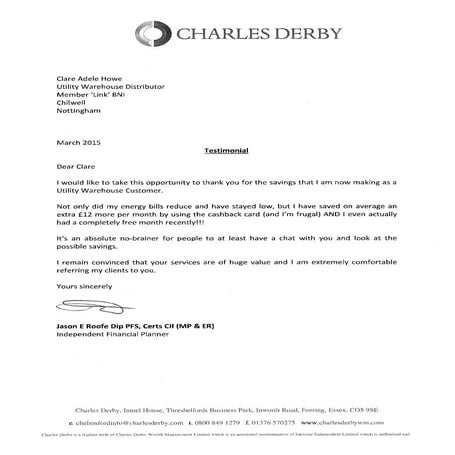 Testimonial Mar2015 - Jason Roofe, Charles Derby | PDF