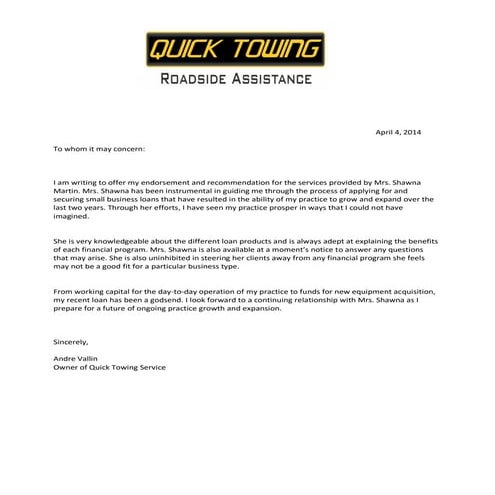 QUICK TOWING_ SMARTIN REC. LETTER | PDF