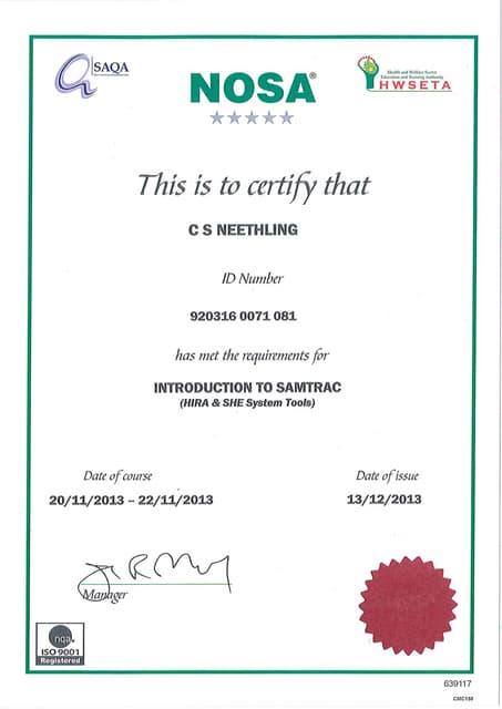 NOSA SHE REPRESENTATIVE CERTIFICATE | PDF