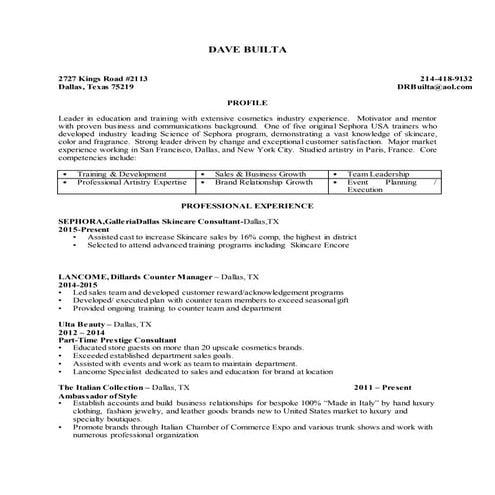 Dave_Builta_Resume_updated 2016 | DOCX | Beauty | Style & Fashion