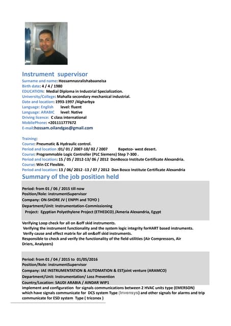 Instrument Supervisor CV | DOC | Civil Engineering Industry | Industries