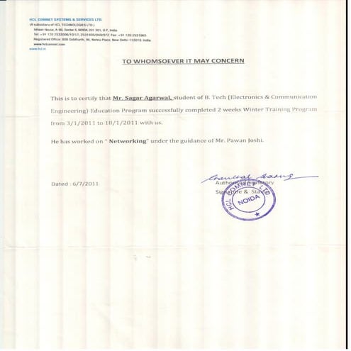 HCL- Training Certificate | PDF
