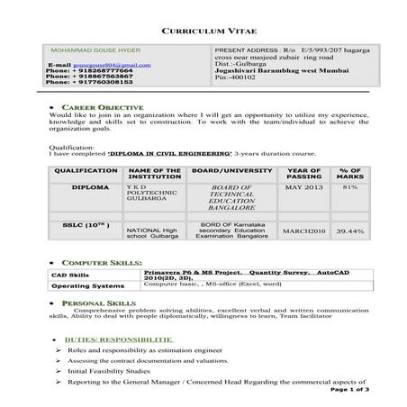 Hyder Cv Quantity Surveyor | DOC