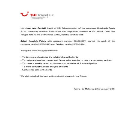 TUI Reference Letter | PDF