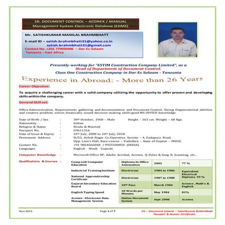CV - Sr. Document Controller - Aconex - Passport - Mr. Satishkumar ...