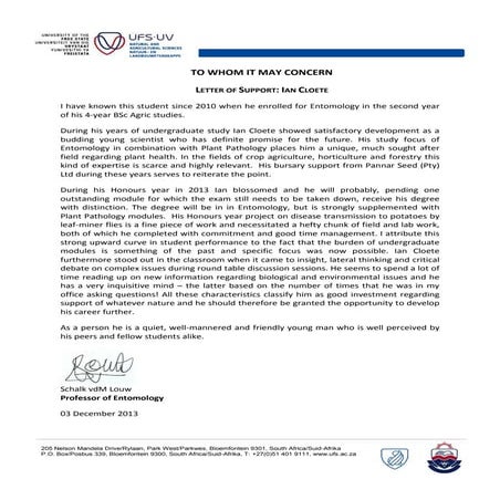 Appendix D1, Letter of Recommendation, S. vdM Louw, Ian Cloete | PDF ...