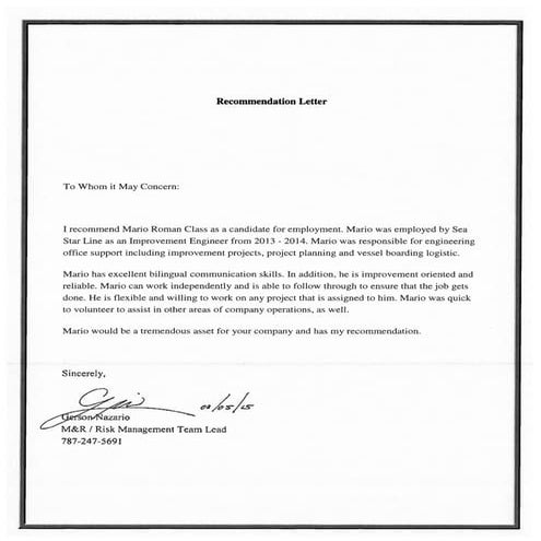 Recommendation Letter Sea Star Line | PDF