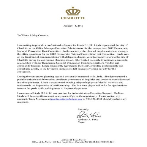 Reference letter - Linda Hill, Mayor Foxx | PDF