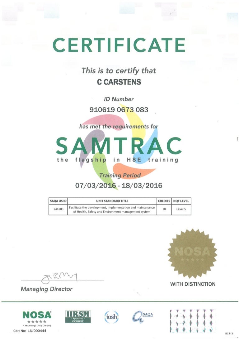 SAMTRAC Certificate
