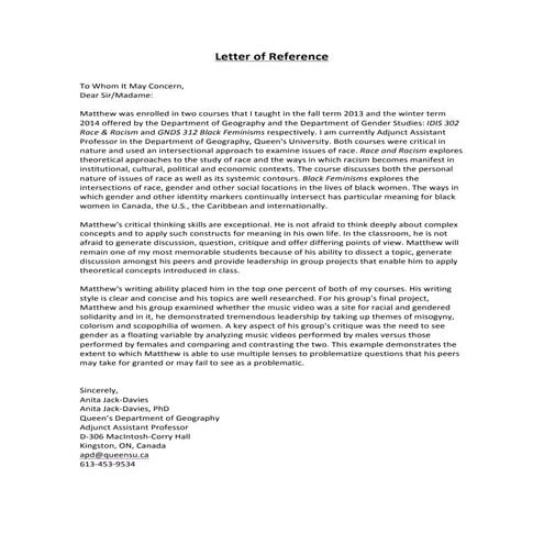 Professor Jack-Davies Reference Letter | PDF