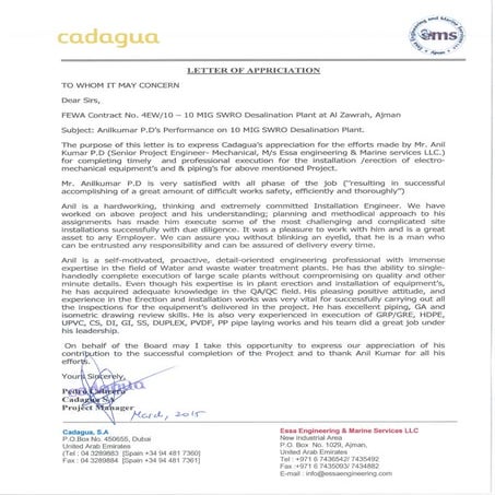 Letter of Appiciation from Cadagua | PDF