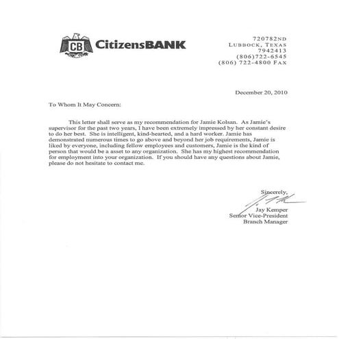 Citizens Bank Letter of Recommendation | PDF