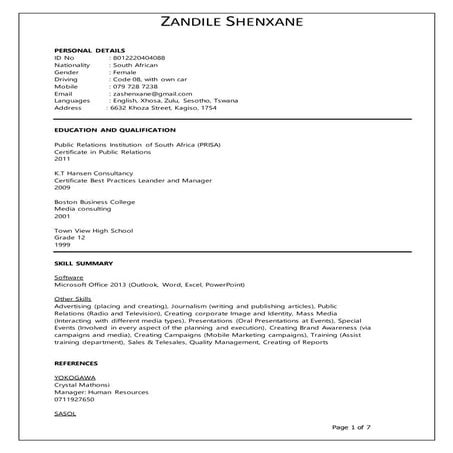Zandile Shenxane CV 2015 | DOCX