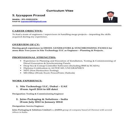 IYYAPPAN PRASAD MECHANICAL ENGINEER CV1 | PDF | Civil Engineering ...