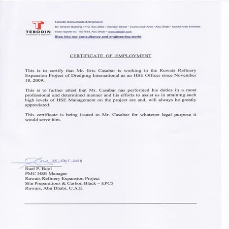Dredging Employment Cert | PDF