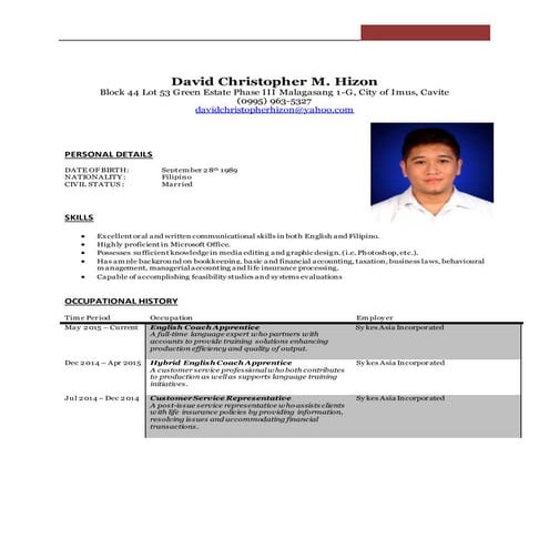 David Christopher Hizon (Resume) | DOCX