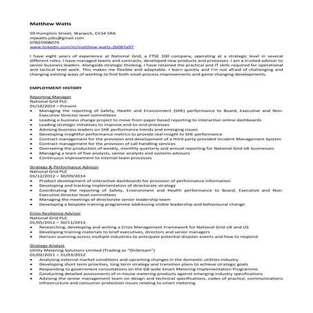 Matthew Watts CV Performance and Reporting Manager August 2016 | PDF