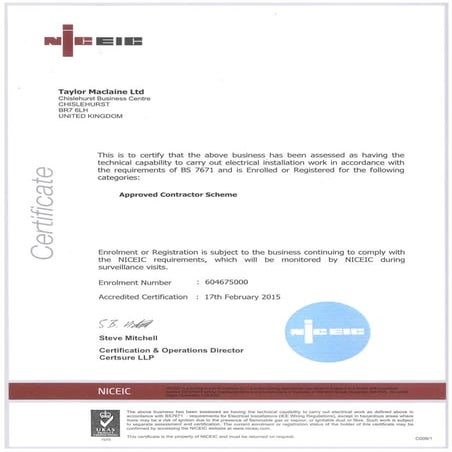 NICEIC Certificate 2015 | PDF