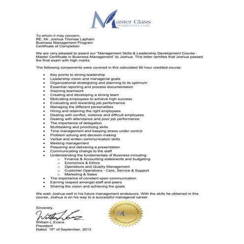 Certification Reference Letter - Mr. Joshua Thomas Lapham | PDF